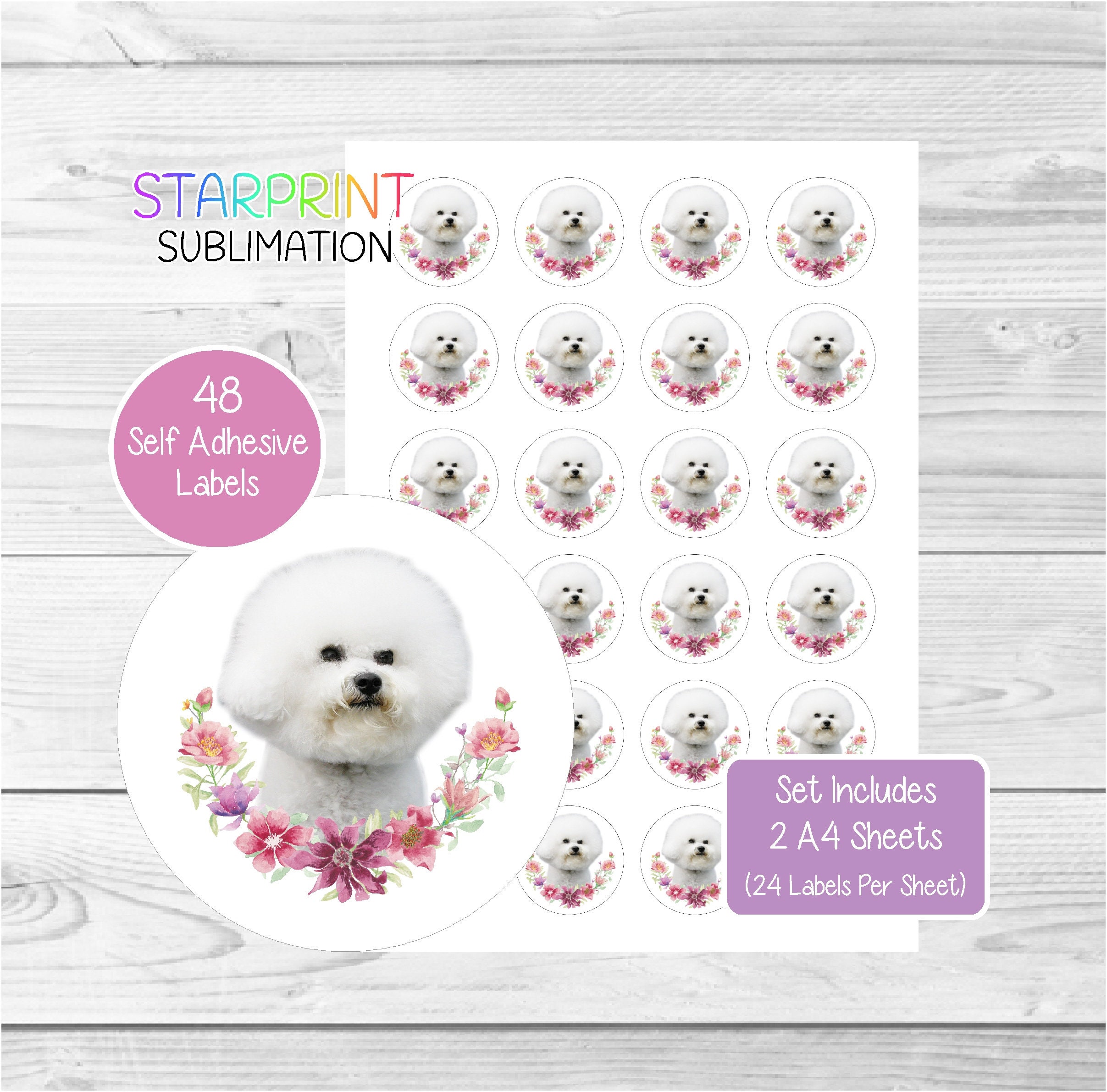 Bichon Frise Dog Stickers, 48 Round Labels (2 A4 Sheets, 24 per Sheet ...