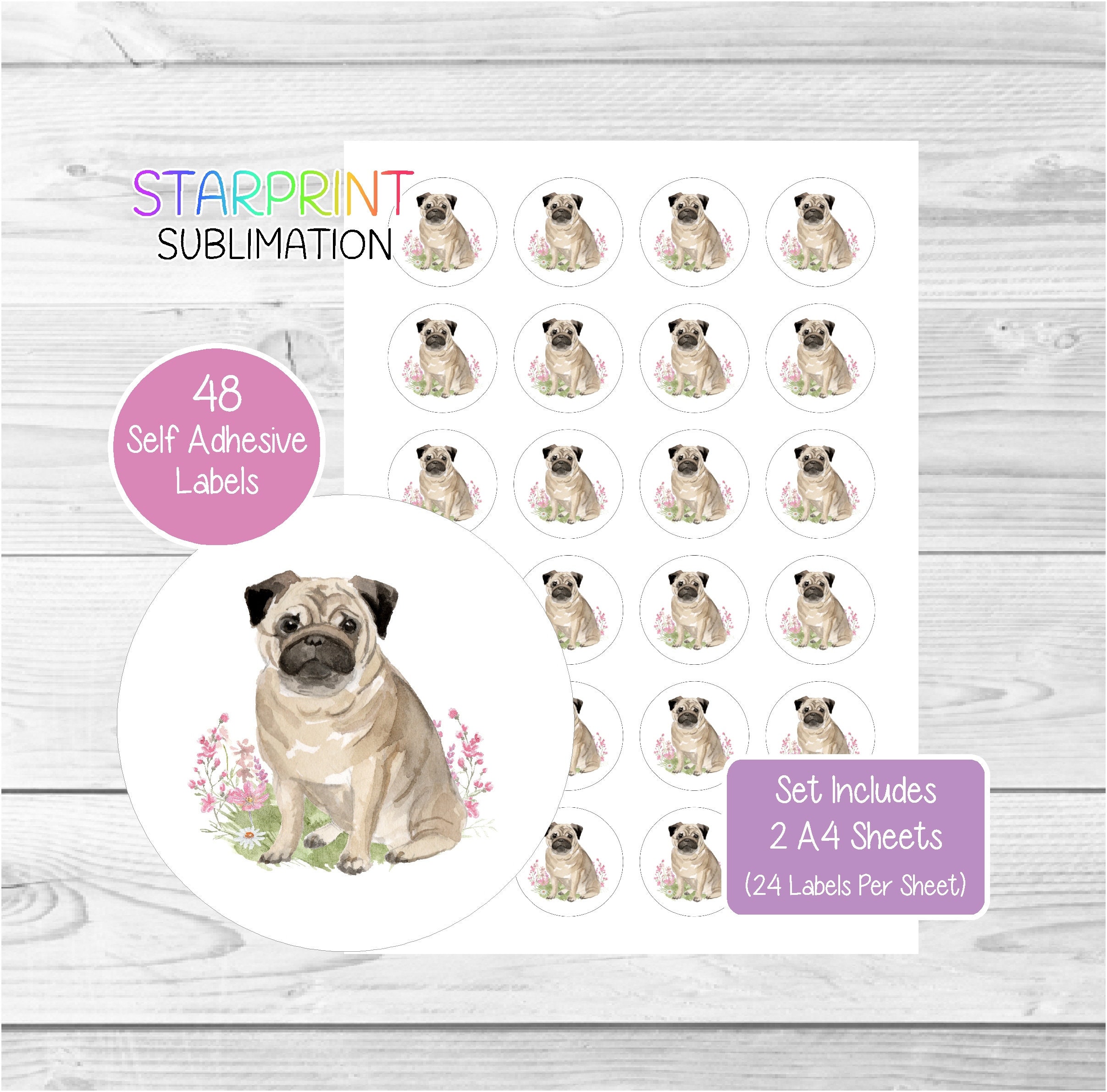 Pug Dog Stickers 48 Round Labels 2 A4 Sheets 24 per Sheet | Etsy