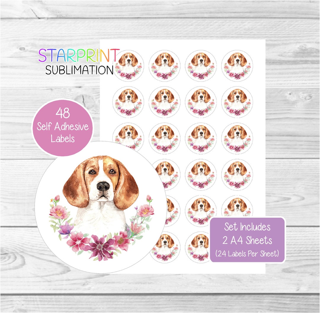Beagle Dog Stickers, 48 Round Labels (2 A4 Sheets, 24 per Sheet), Great ...