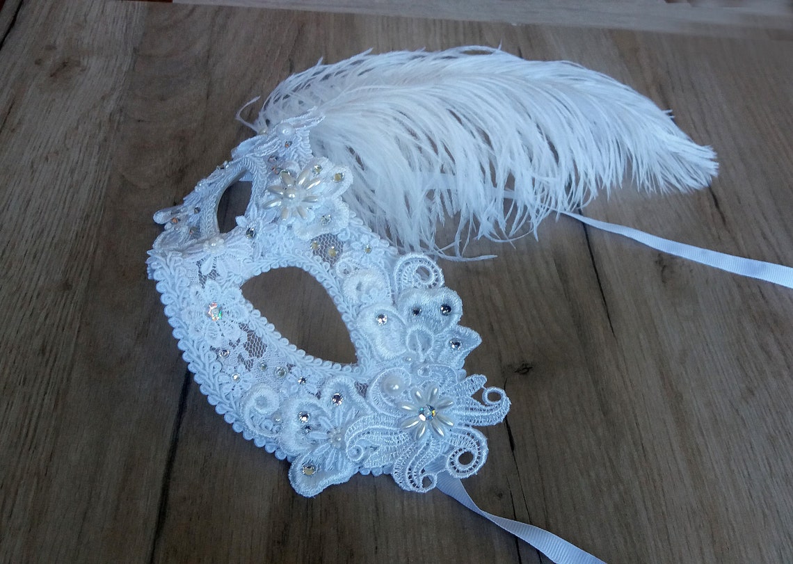 White Masquerade Mask with Feather Carnival Mask for Women | Etsy