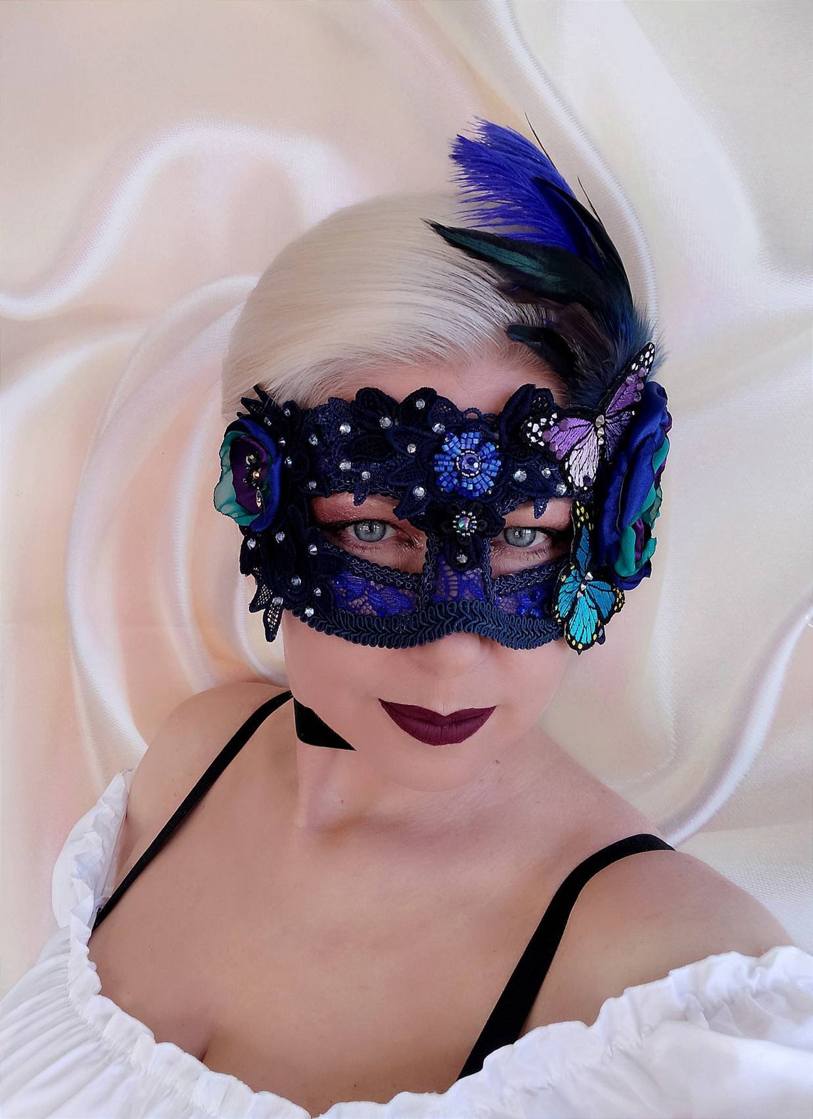 Blue Masquerade Mask Mardi Gras Mask With Feathers Carnival - Etsy