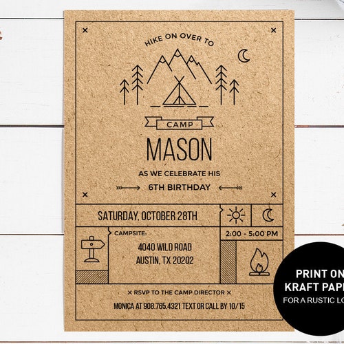 Camping Birthday Invitation Kraft Rustic Camping Birthday Boy - Etsy