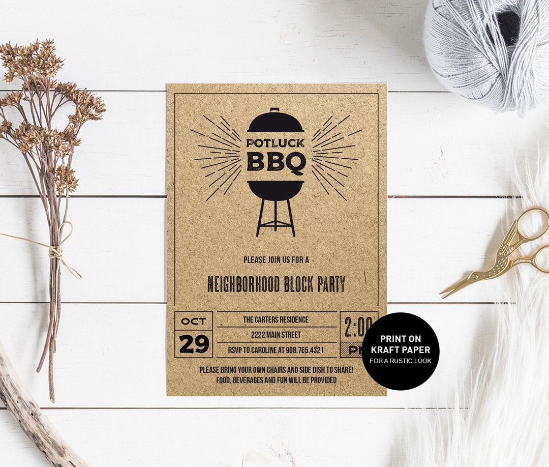 Neighborhood BBQ Invitation, Potluck Block Party Bbq Invite Printable ...