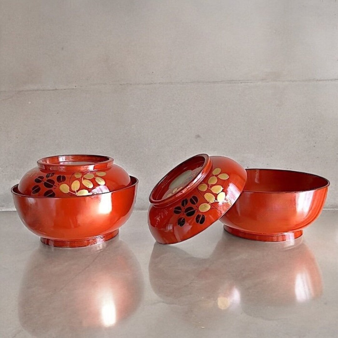 2 Red Lacquered Bowls,with Lid,japanese Lacquer,autumn Moon,plain Red ...