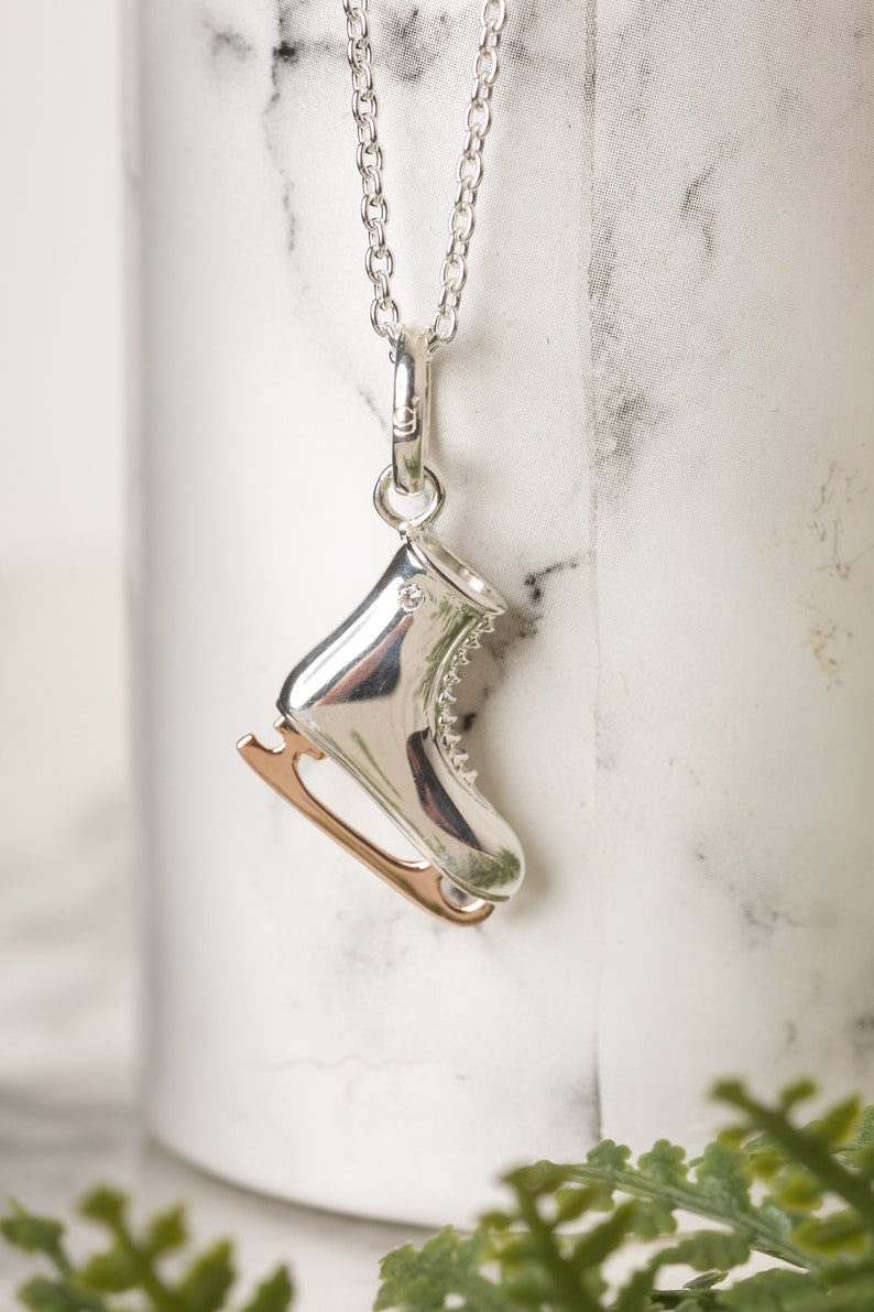 Sterling Silver Ice Skate Pendant: Rose Gold Blade, Cubic Zirconia ...