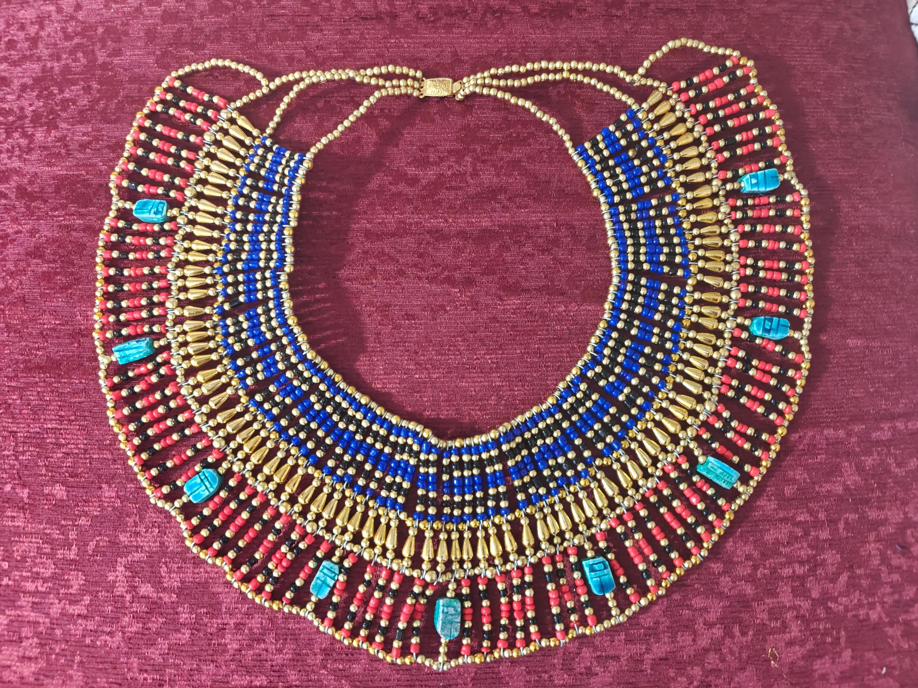 Cleopatra Egyptian Beaded Collar Necklace With Blue Scarab – Handmade ...