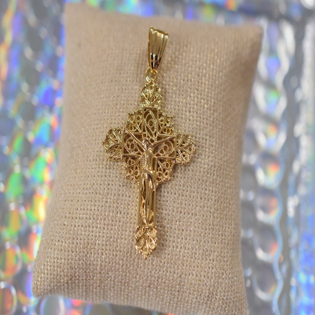 18K PVD Gold Filled Filigree Cross Pendant 53mm Long Width 33mm ...