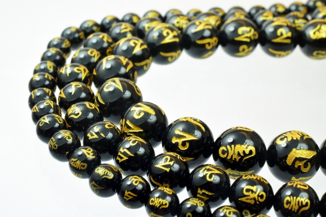 Buddhist Mantra Tibetan Guru Gemstone Beads Black Agate Round Mala ...