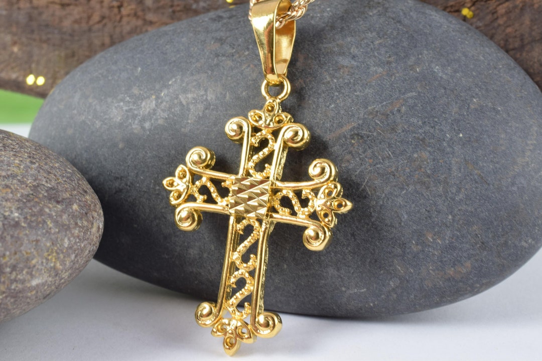 18K PVD Gold Filled Filigree Cross Pendant 40mm Christian Religious ...