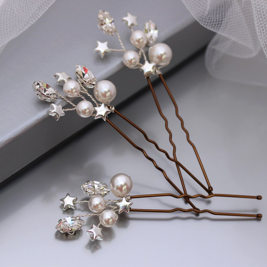 Star Cluster Pearl & Crystal Hair Pins X3, Gold or Silver Star ...