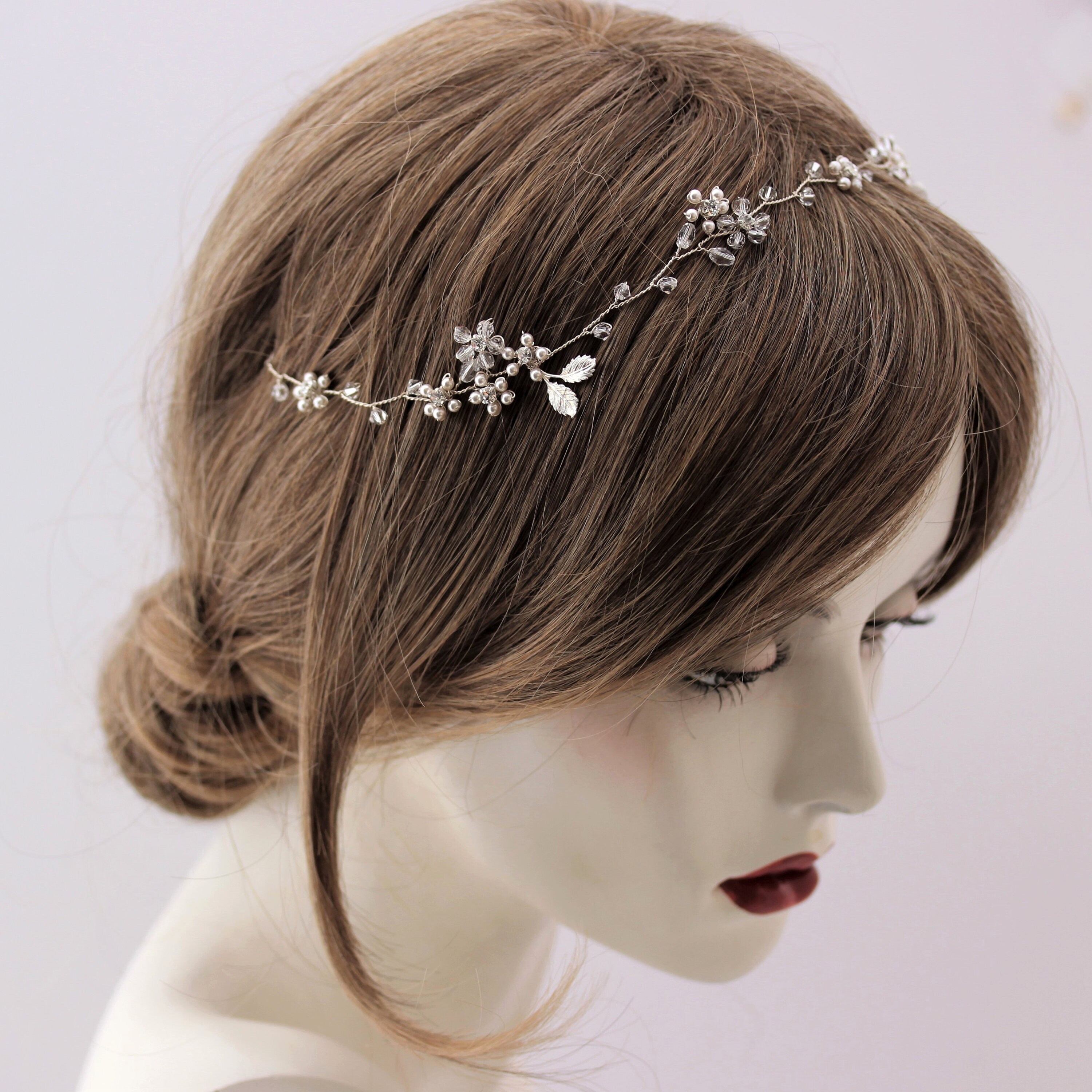 Delicate Pearl Hair Vine Silver Gold or Rose Gold Front or | Etsy