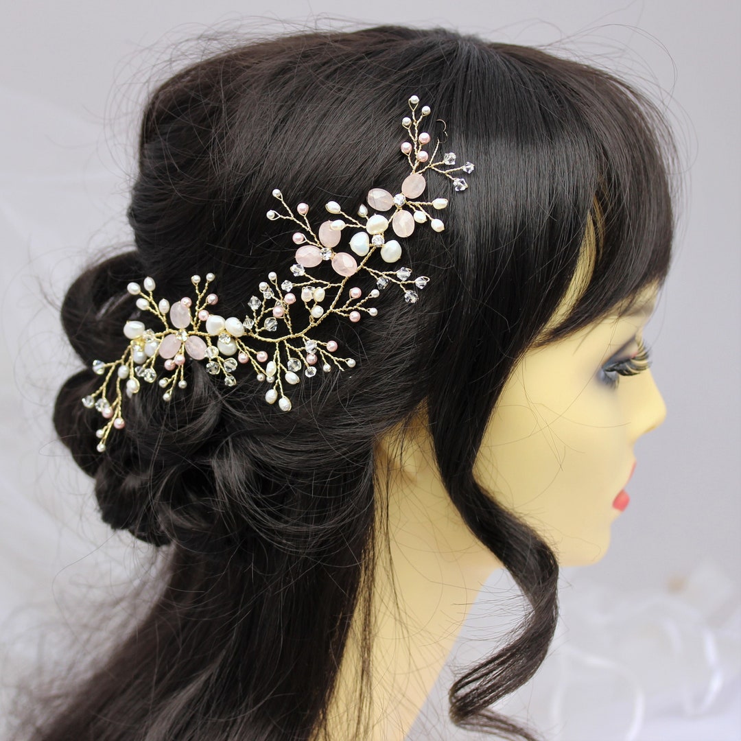 Blush Pink Bridal Hair Accessory Silver Gold or Rose Gold, Side or Back ...