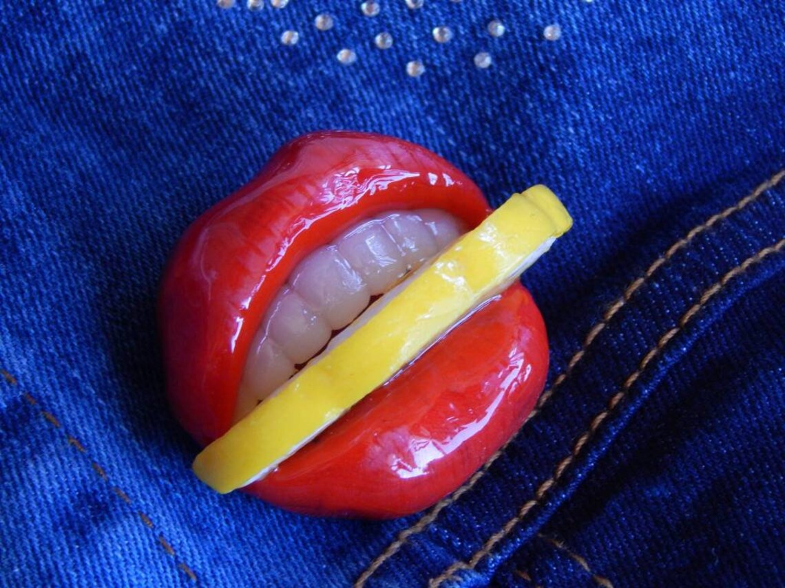 Red Lips Pin Lemon In Mouth Brooch Sexy Lips With Citrus Etsy