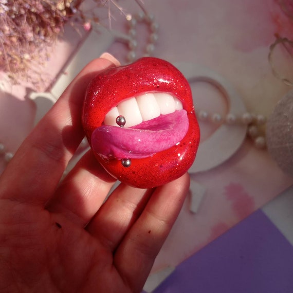 Shiny Red Sexy Lips With Piercing Tongue Pin Red Lips Brooch - Etsy