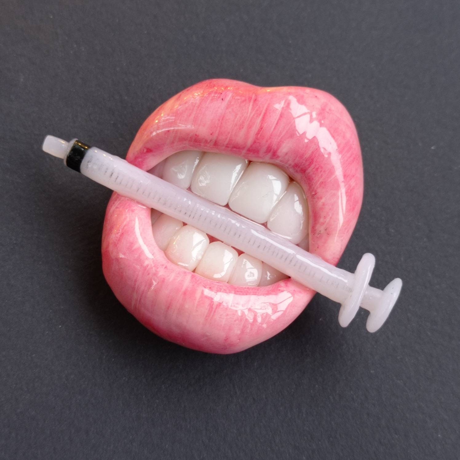 Sexy lips with gloss bite syringe brooch Makeup Needle shot | Etsy