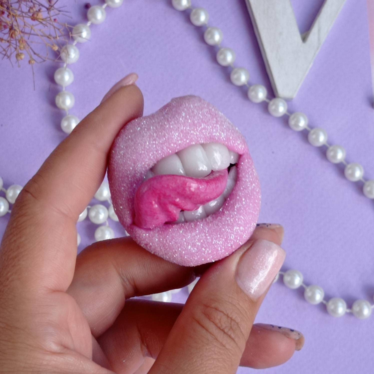 Pink shiny lip pin Mouth with tongue brooch Purple Sexy shiny | Etsy