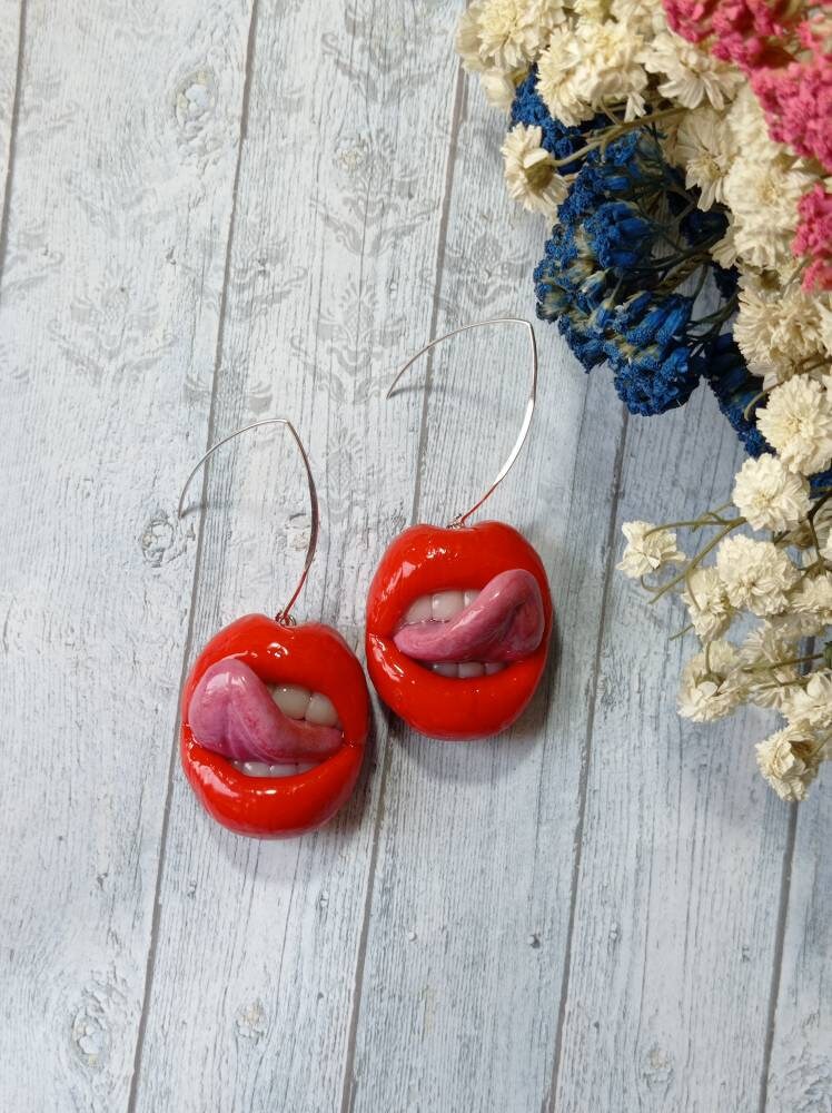 Large Sexy Red Lips dangling earrings Lip jewelry Gift for | Etsy