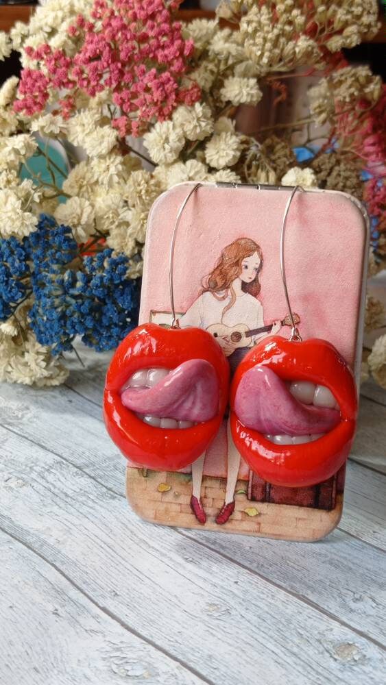 Large Sexy Red Lips dangling earrings Lip jewelry Gift for | Etsy