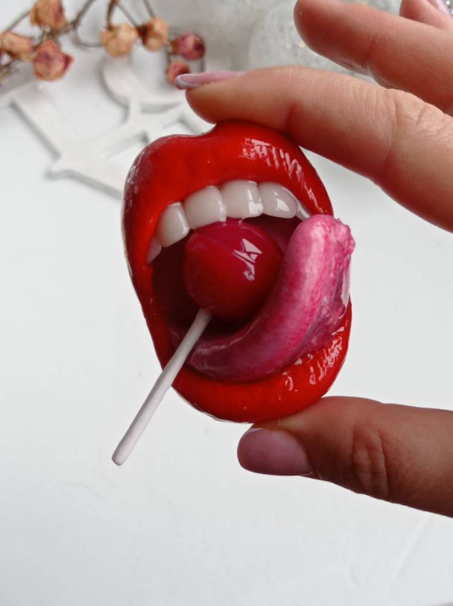 Lollipop in mouth brooch Red Lips clay pin Sweet lips Sexy Red | Etsy