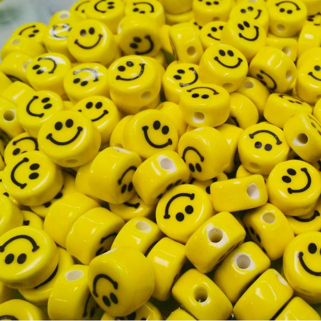 10 Pcs Yellow Smiley Face Ceramic Vertical Hole Loose Spacer Beads ...
