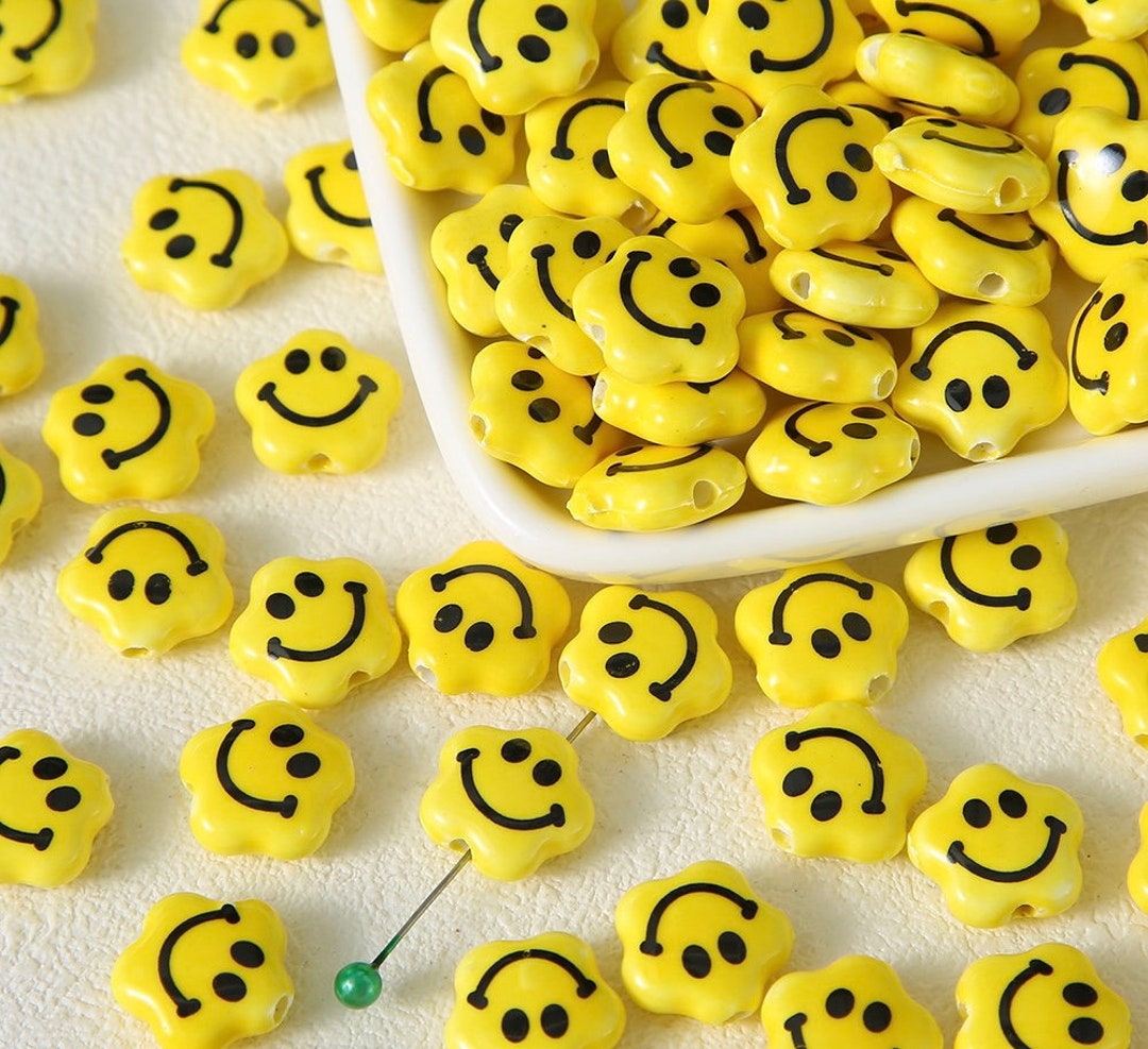 10 Pcs Yellow Smiley Face Ceramic Vertical Hole Loose Spacer Beads ...