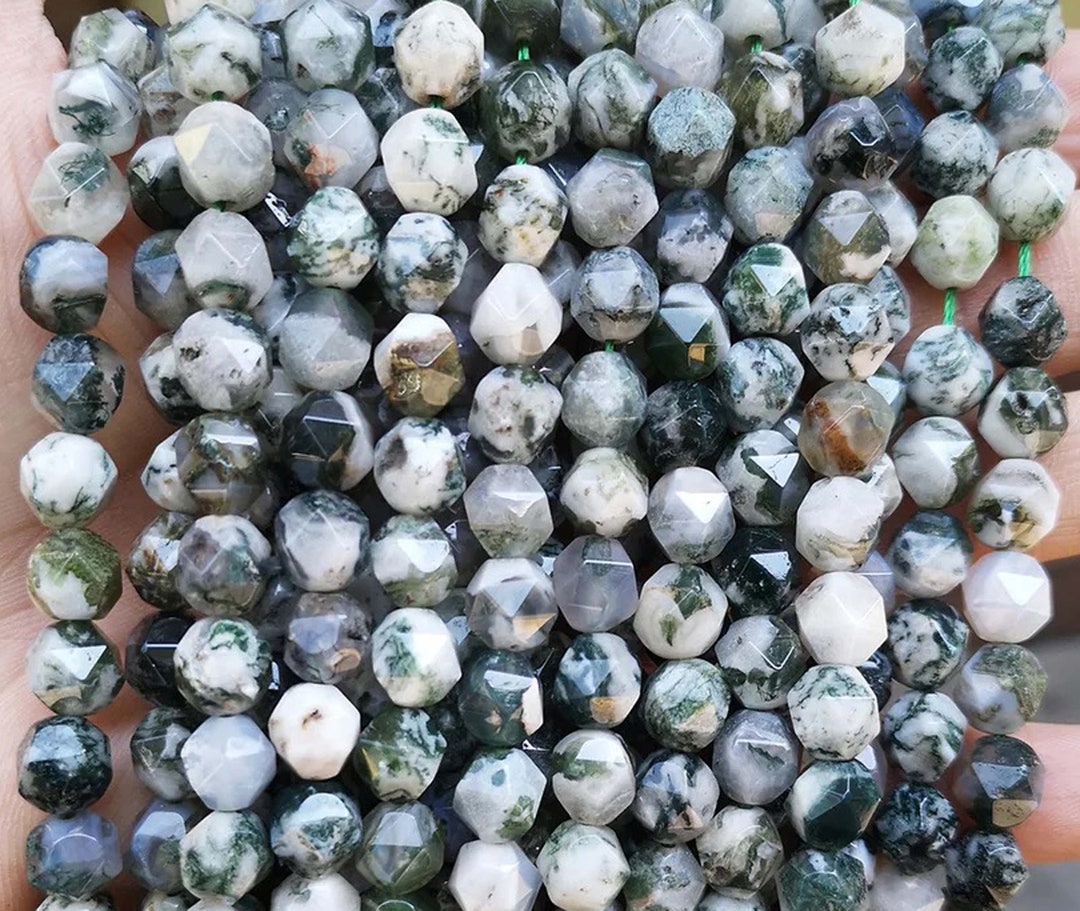 Natural Star Cut Faceted Green Tree Agate Nugget Diamond Beads,6mm 8mm ...