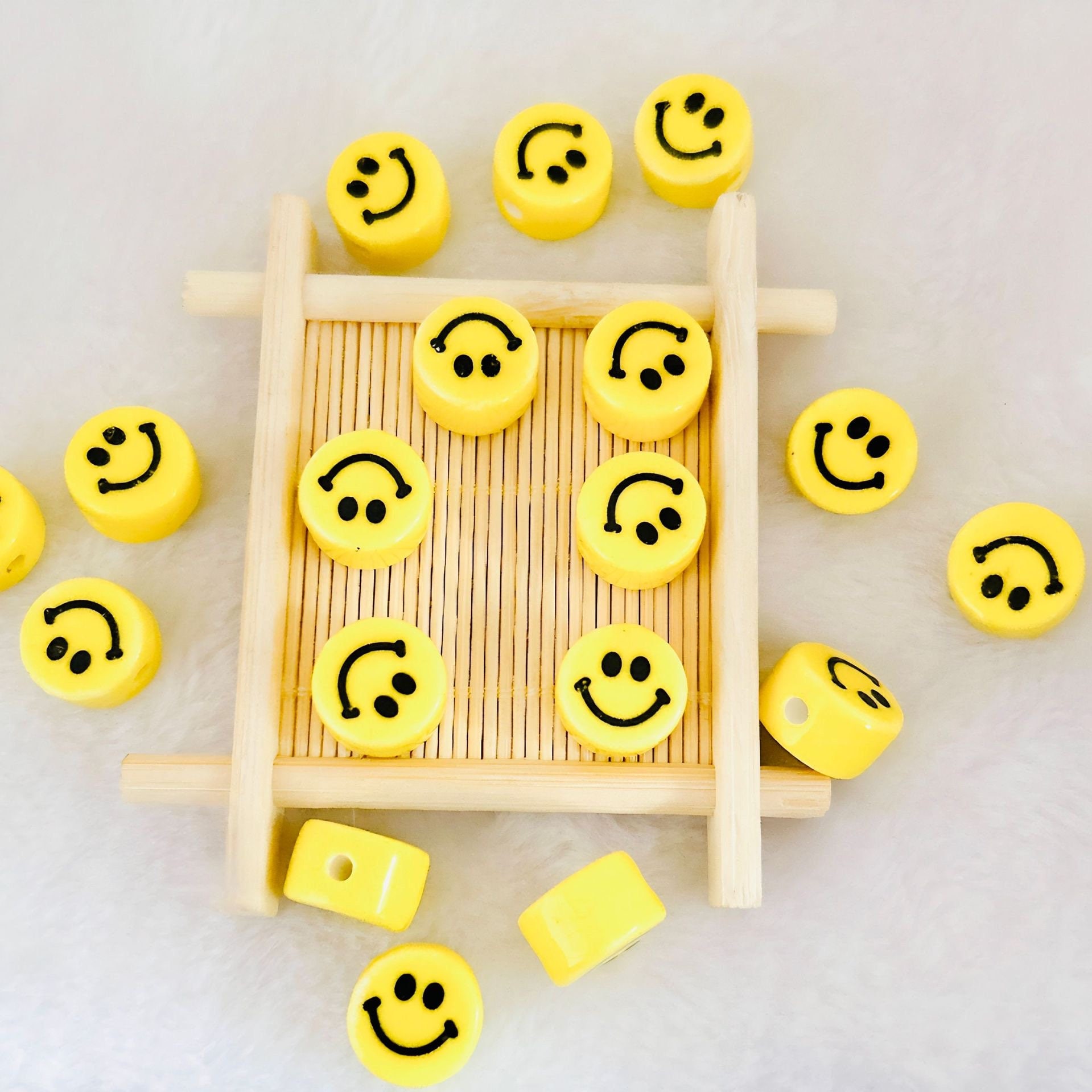 10 Pcs Yellow Smiley Face Ceramic Vertical Hole Loose Spacer Beads ...