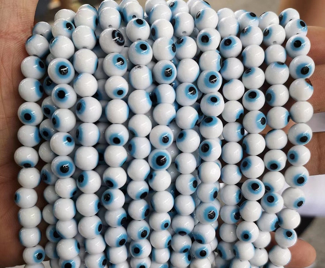 5 Strands White Blue Evil Eyes Coloured Glaze Smooth and Round Beads ...