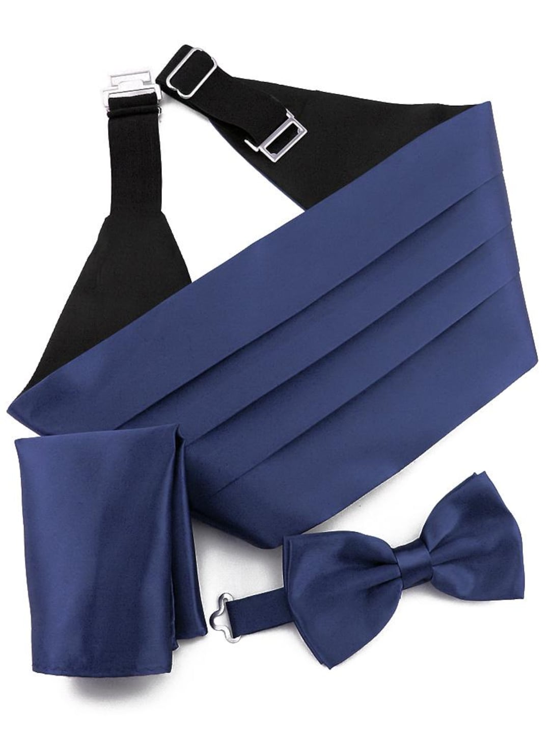 Navy Blue Satin Tuxedo Belt Set, Pocket Square, Bow Tie Wedding ...