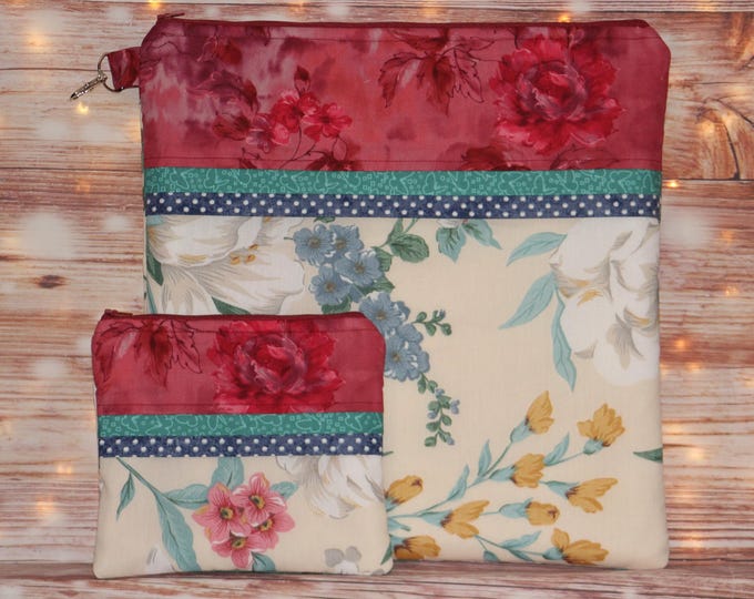 Pink Blue Floral Project Bag OR 2-piece Set for Cross Stitch, Crochet ...