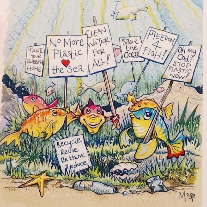Stop Plastic Pollution. Fish Card. Cartoon. Save Our Oceans ...