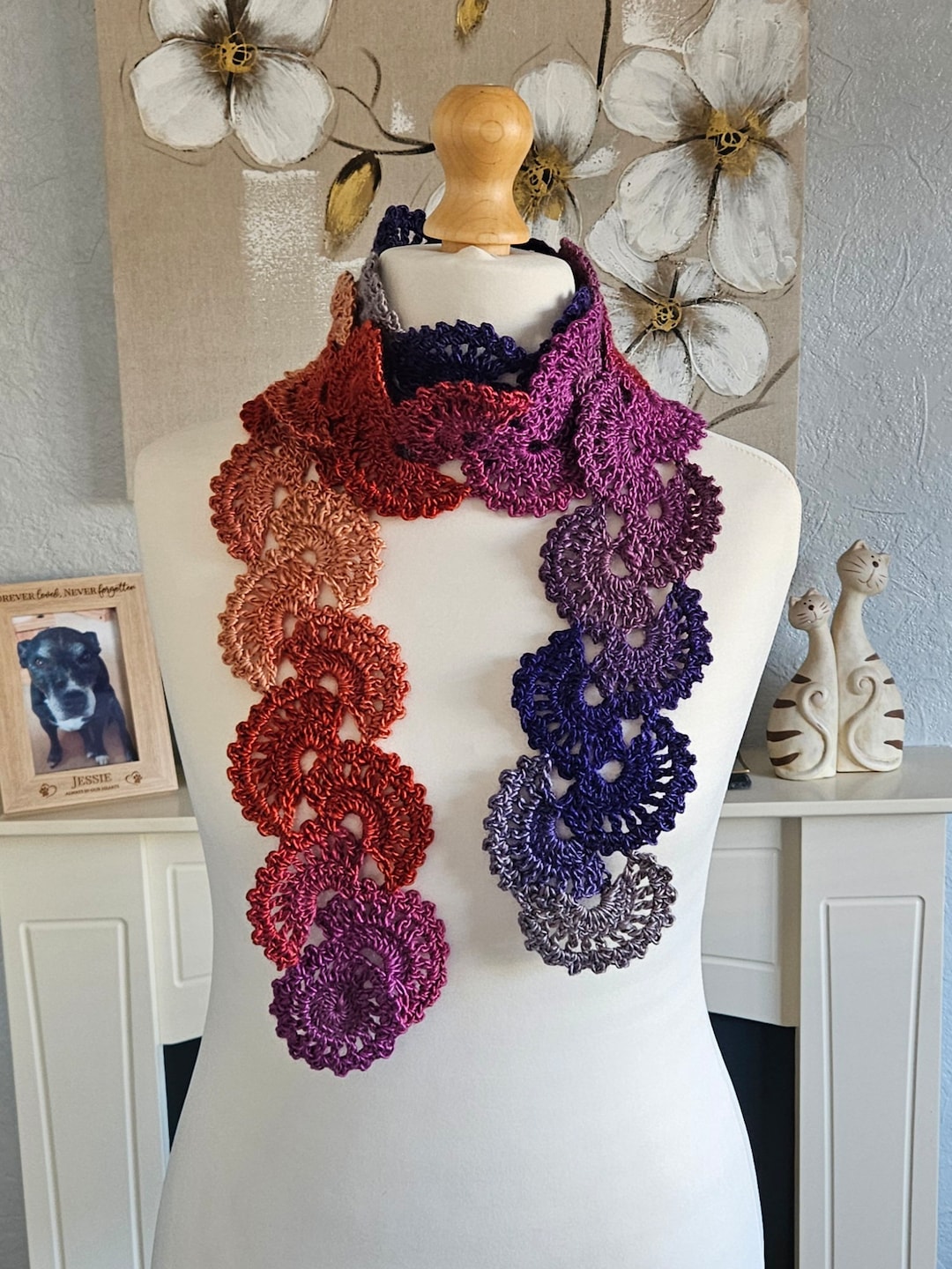 Oyster Shell Scarf, Lacy Flower Virus Scarf, Burnt Orange and Purple ...