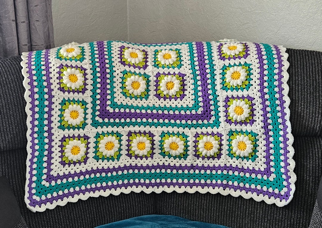 Daisy Flower Blanket, Crochet Lap Blanket, Purples and Greens Throw ...