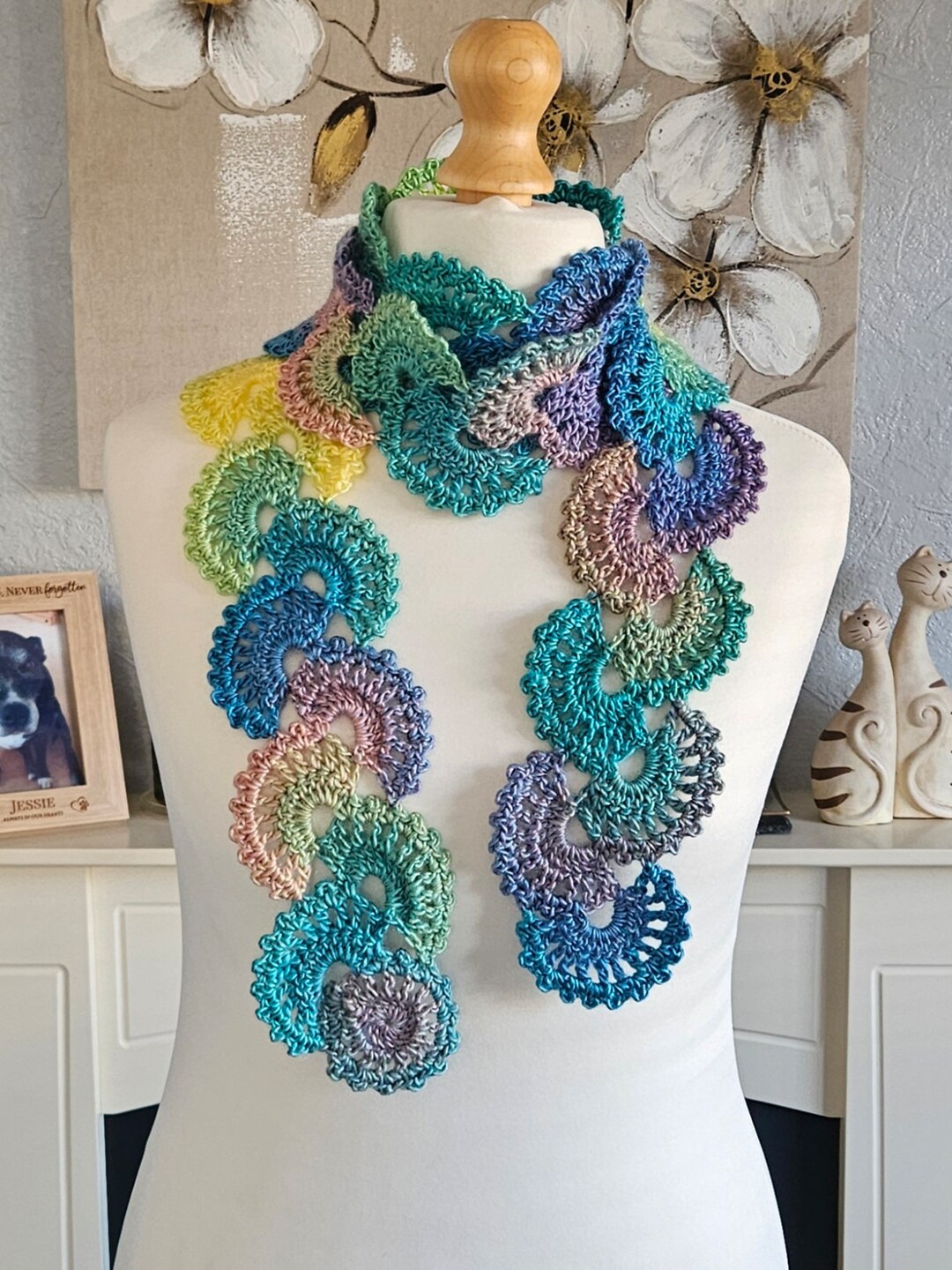 Oyster Shell Scarf, Lacy Virus Scarf, Turquoise and Lemon Long Scarf ...