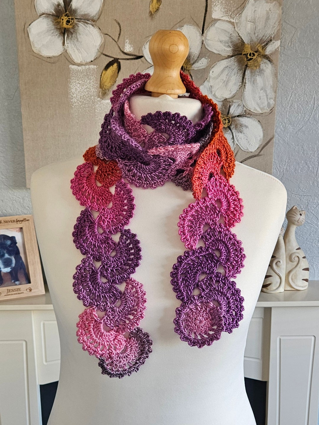 Handmade Crochet Scarf, Oyster Shell Scarf, Lacy Virus Scarf, Pink and ...