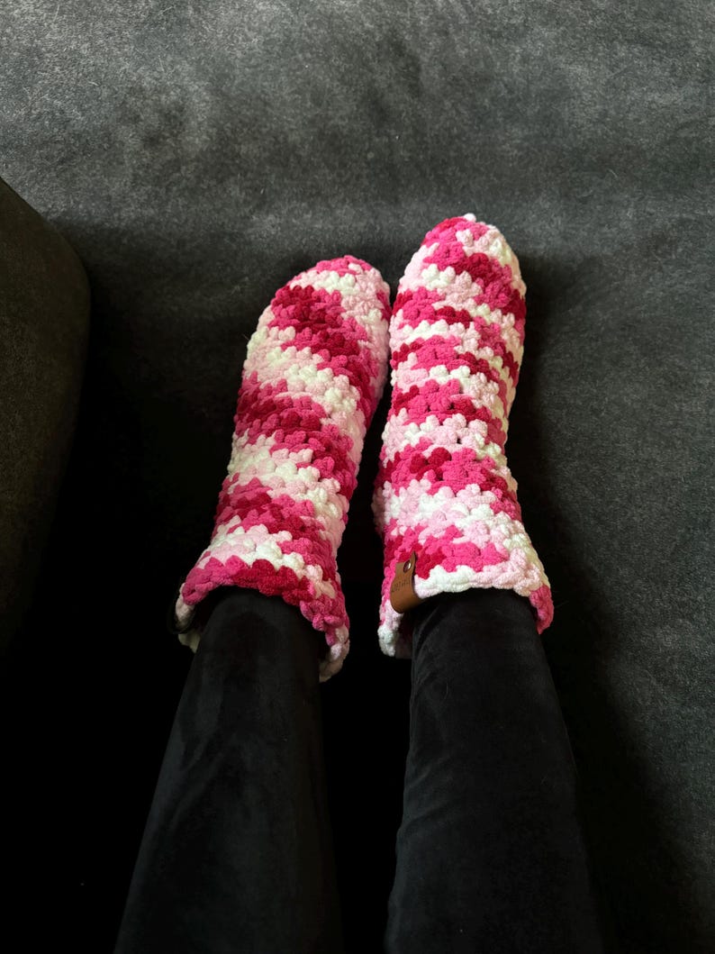 Crochet Fuzzy Socks, Comfy Slippers, Pink Crochet Slippers, Soft Fuzzy ...