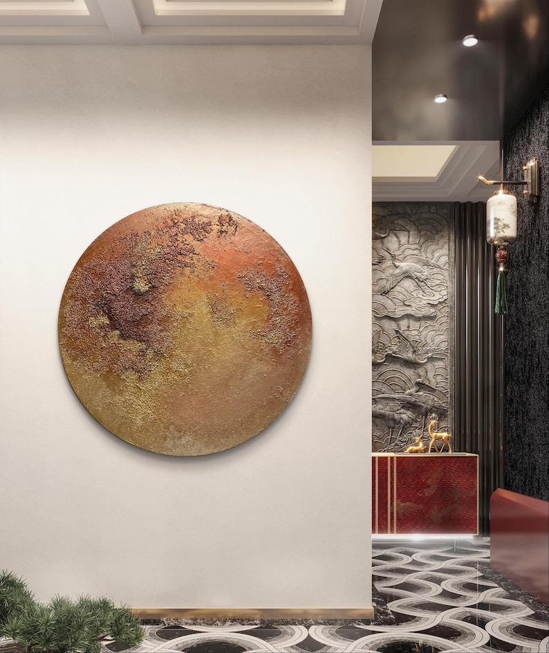 Bronze Copper Round Wall Art Canvas Moon Painting Abstract Circle ...