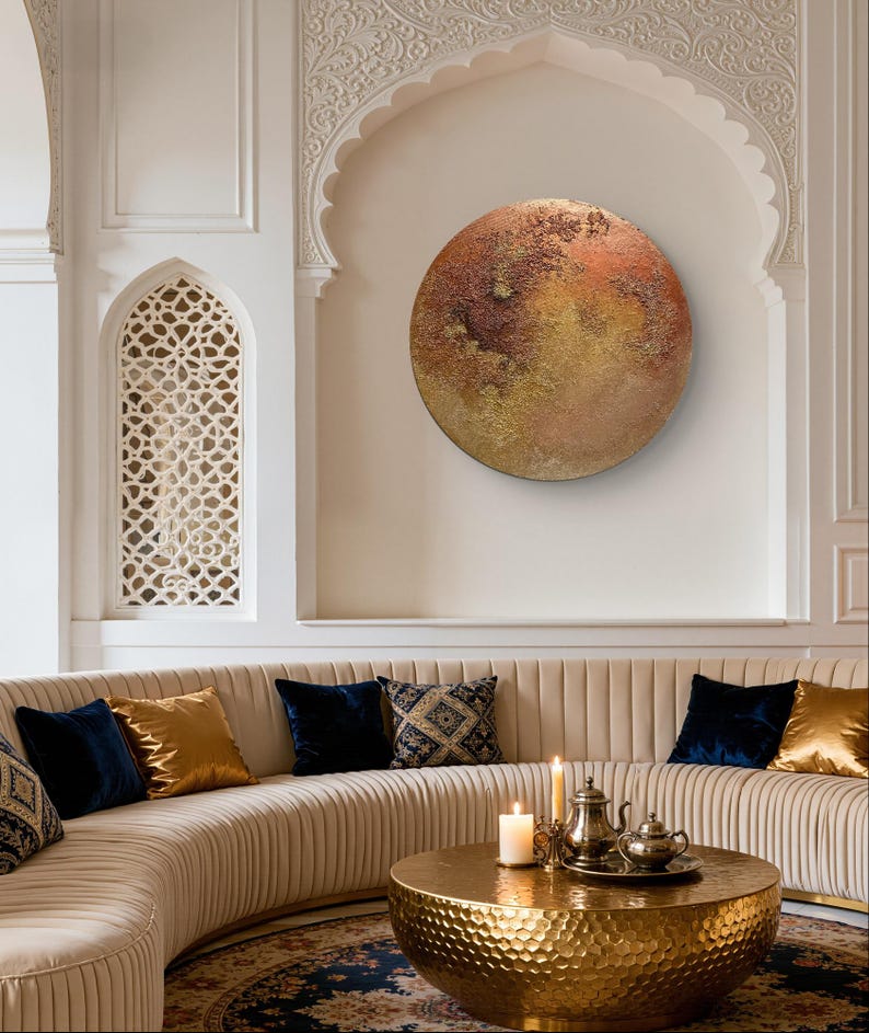 Bronze Copper Round Wall Art Canvas Moon Painting Abstract Circle ...