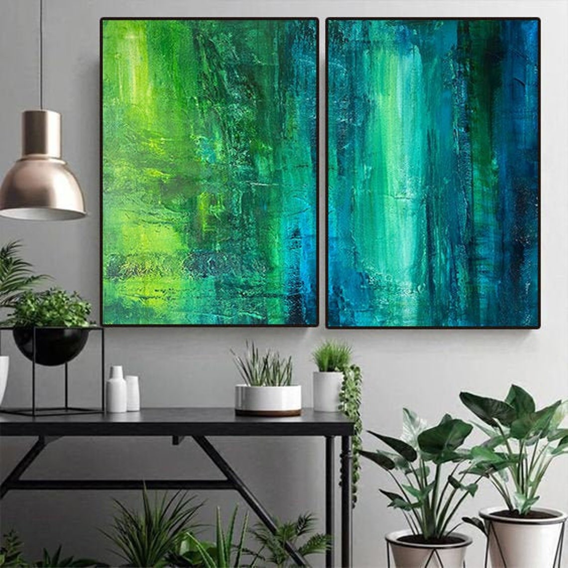 Abstract Painting Set of 2 Diptych Painting Original Green - Etsy