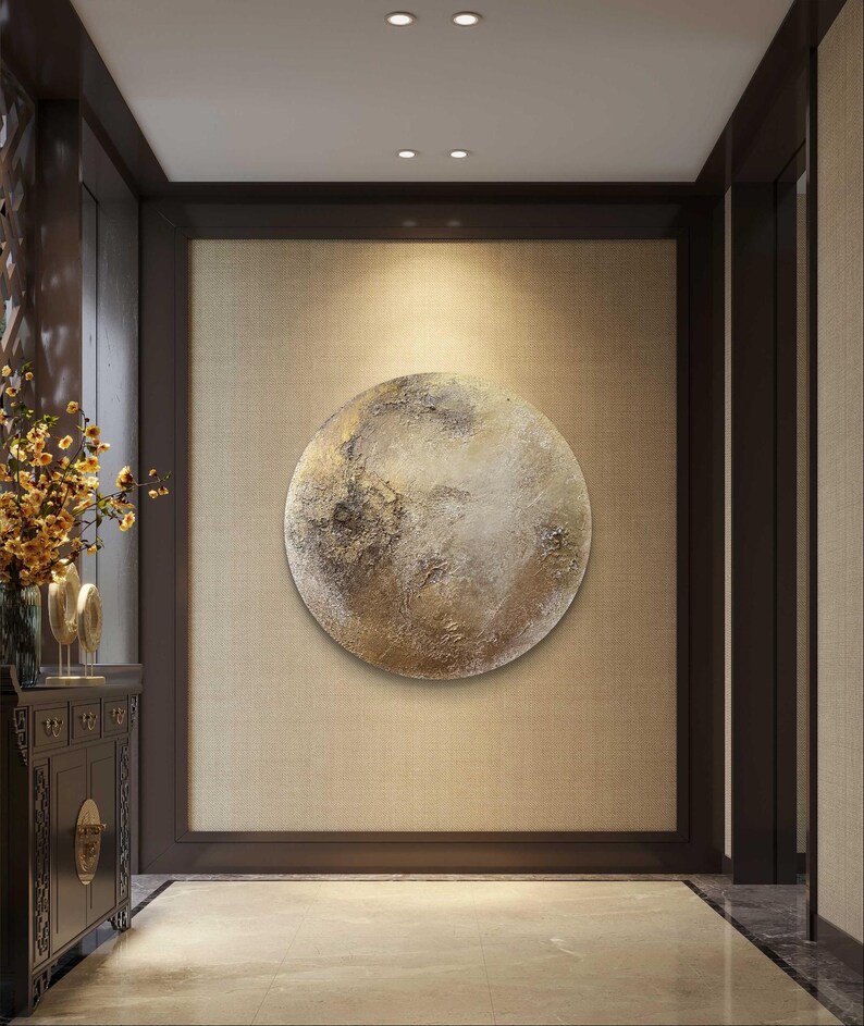 Round Painting Abstract Beige Gold Circle Wall Art Large Minimalistich ...