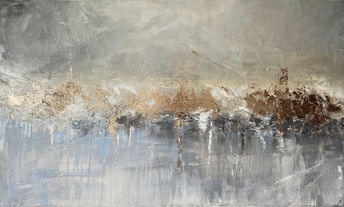 Large Horizontal Painting Blue Gold White Original Abstract | Etsy