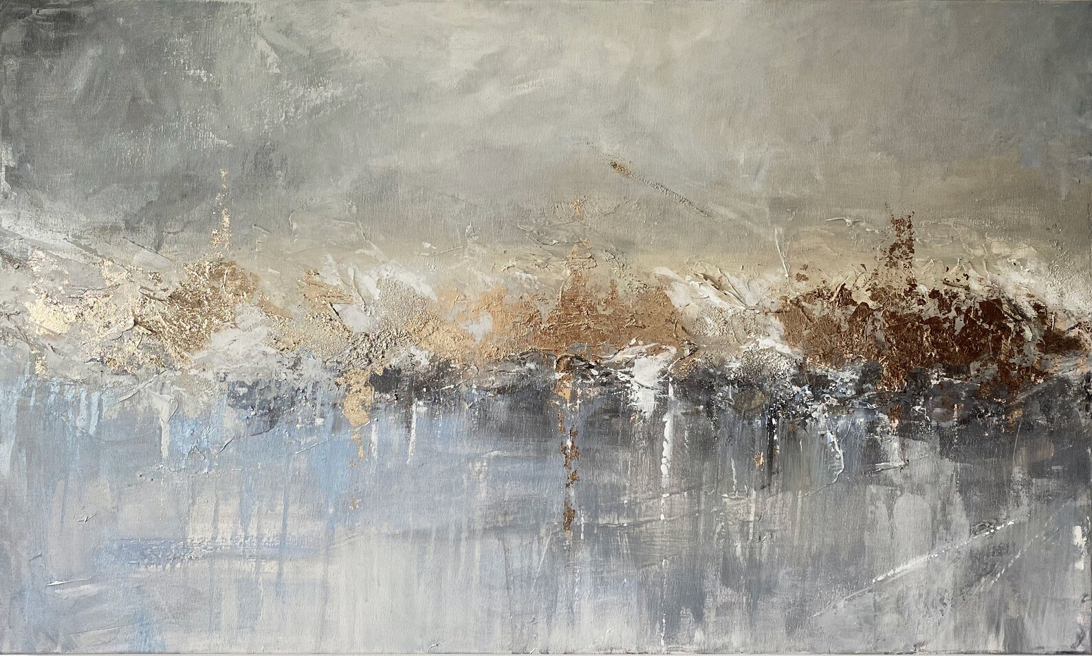 Large Horizontal Painting Blue Gold White Original Abstract | Etsy