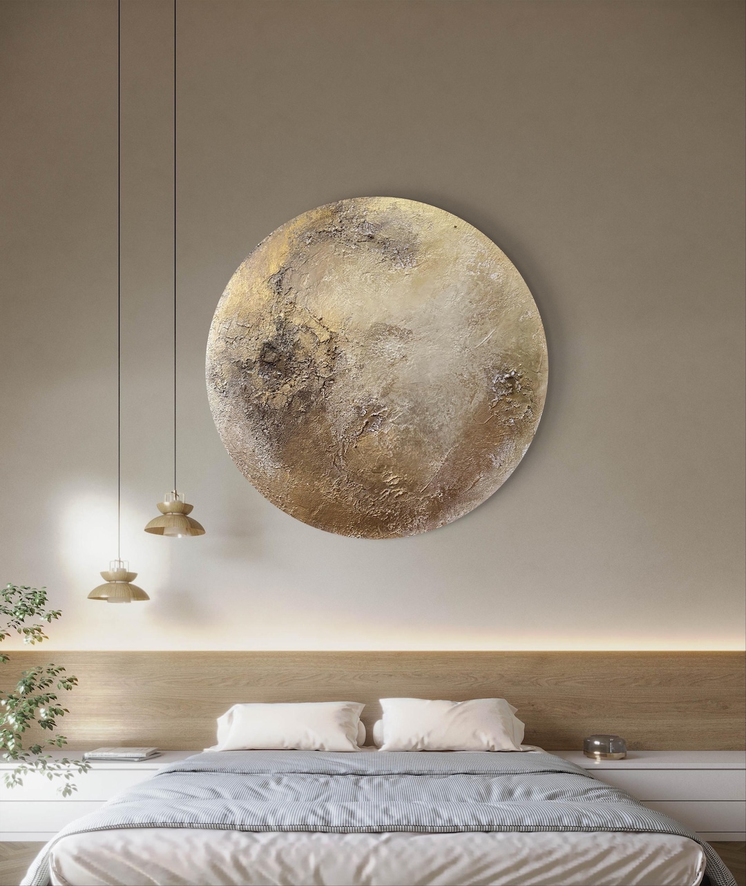 Round Painting Abstract Beige Gold Circle Wall Art Large Minimalistich ...