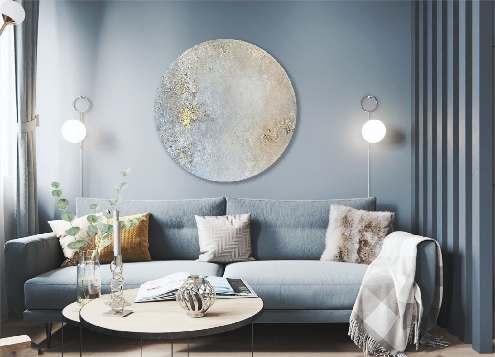 Round Painting Abstract Beige Gray Gold Painting Canvas Circle Wall Art ...