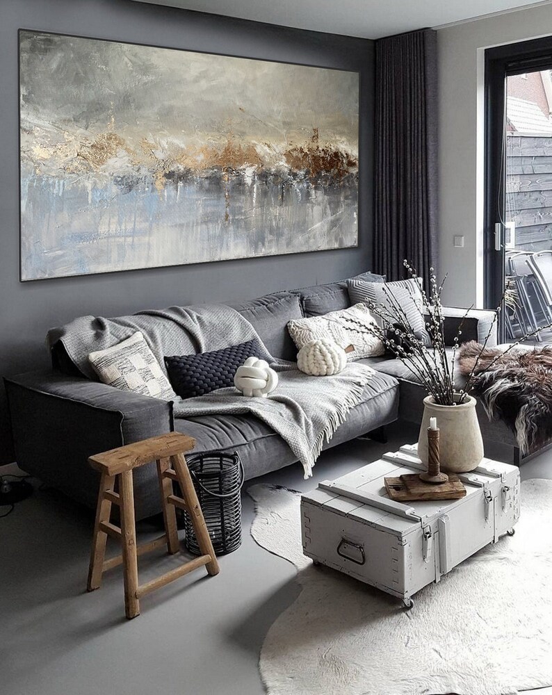 Large Horizontal Painting Blue Gold White Original Abstract - Etsy