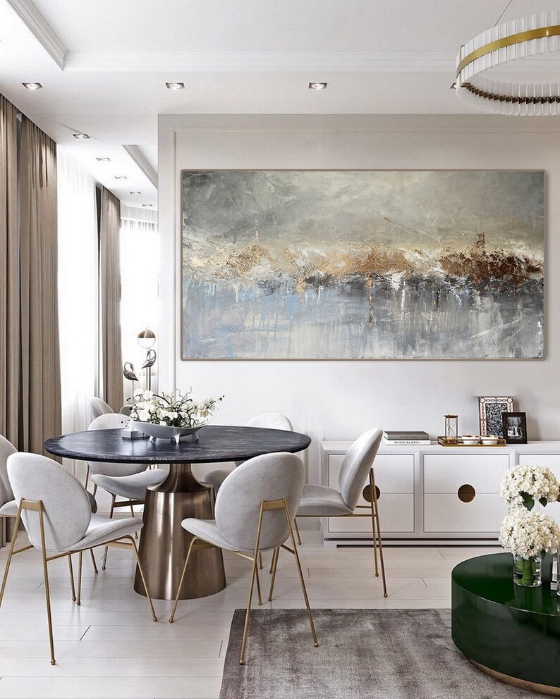 Large Horizontal Painting Blue Gold White Original Abstract - Etsy