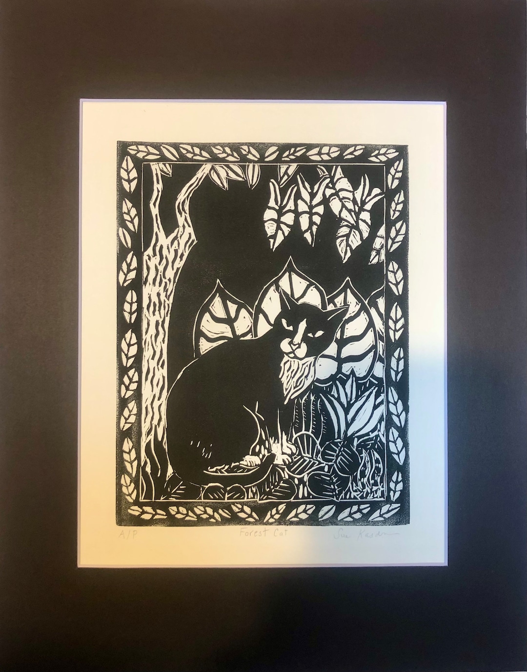 Forest Cat: Tuxedo Cat Block Print on High Quality Rives Paper, Matted ...