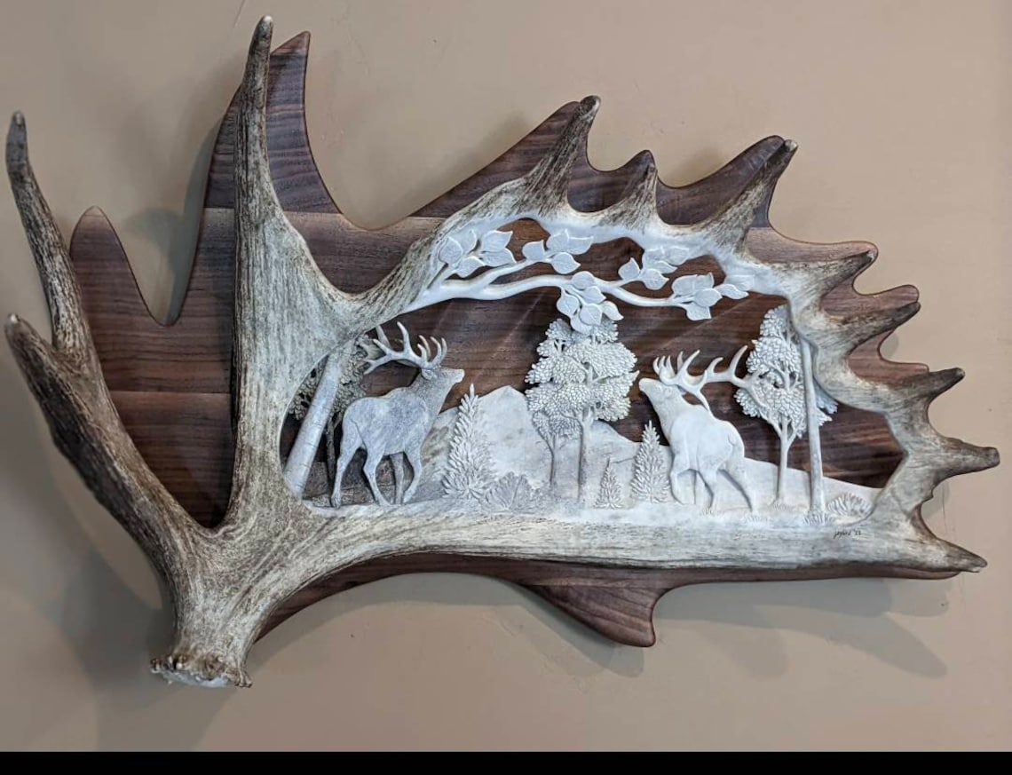 Carved Moose Antler, Depicting Elk Scene - Etsy