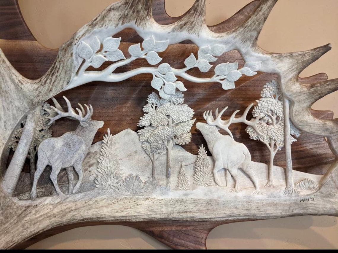 Carved Moose Antler, Depicting Elk Scene - Etsy