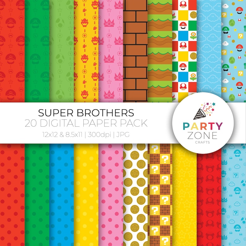 Super Mario Brothers Digital Paper Pack, Mario Party Birthday, Mario ...